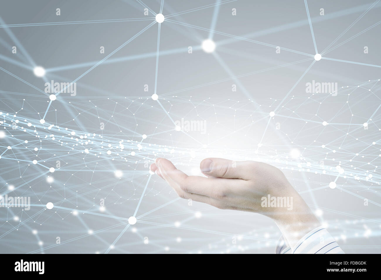 Businessman hand showing digital connection lines on virtual screen ...