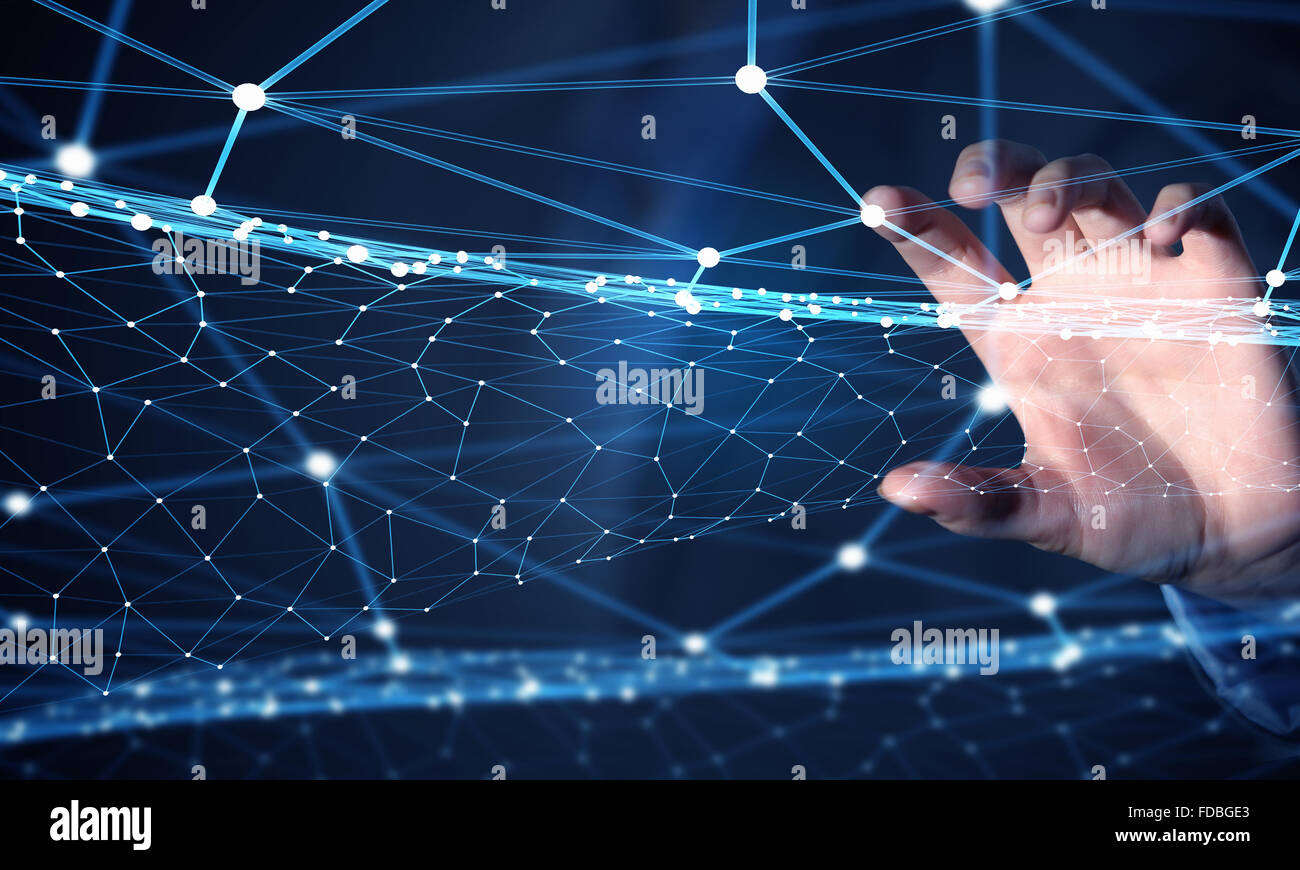 Businessman hand touching with finger digital connection lines on ...