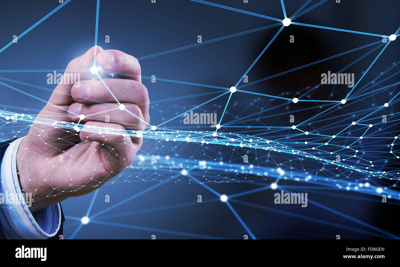Businessman hand drawing digital connection lines on virtual screen ...