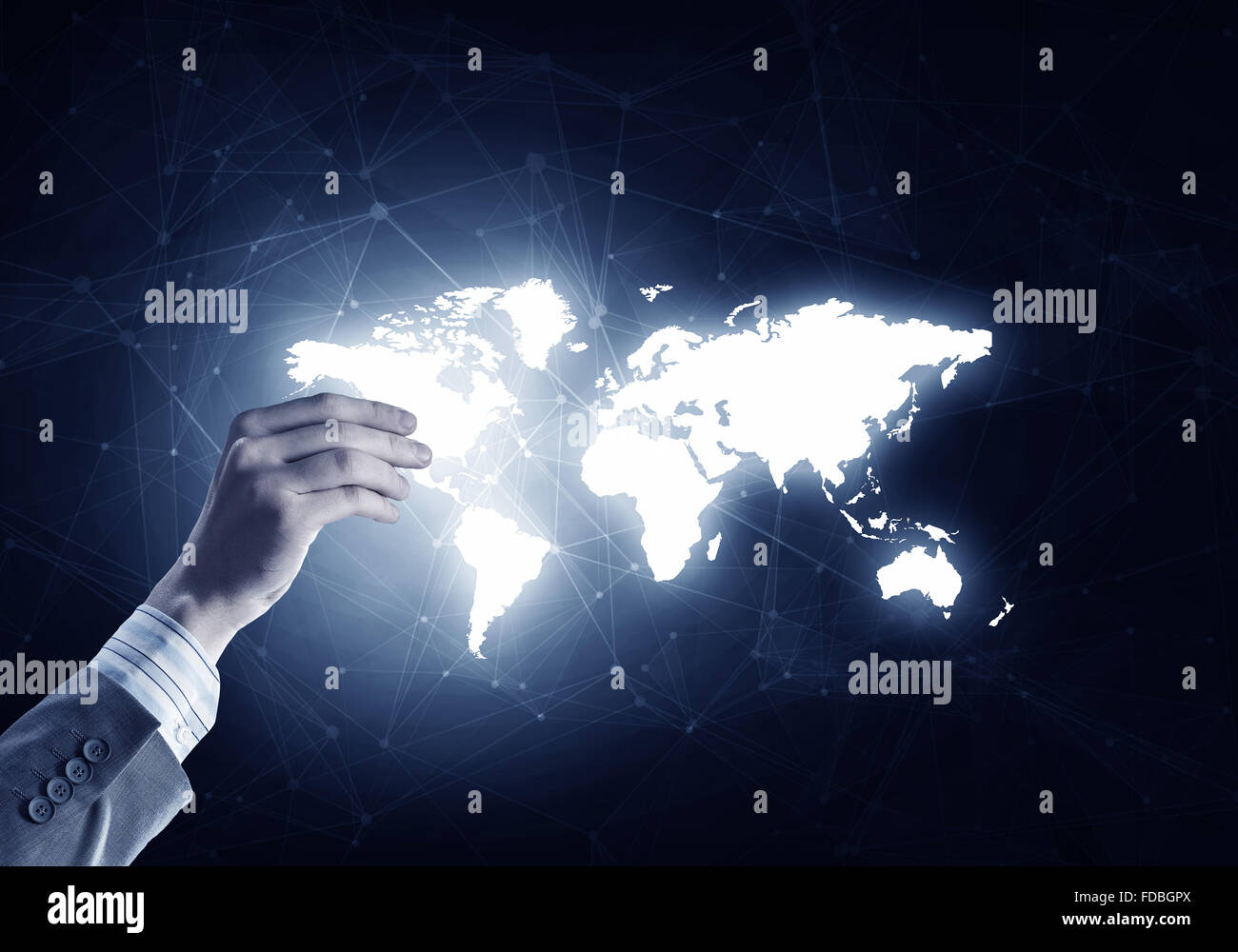 Man hand holding digital world map representing global technologies ...