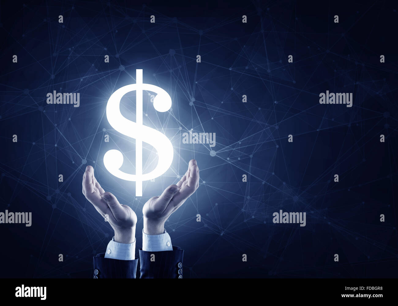 Businessman hands on dark background holding glowing dollar sign Stock ...