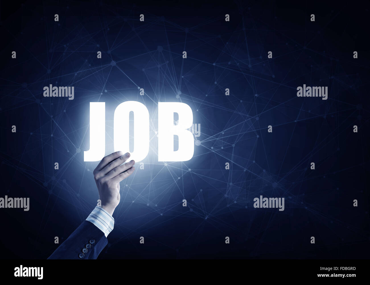 Hand of businessman on digital background showing glowing job word ...