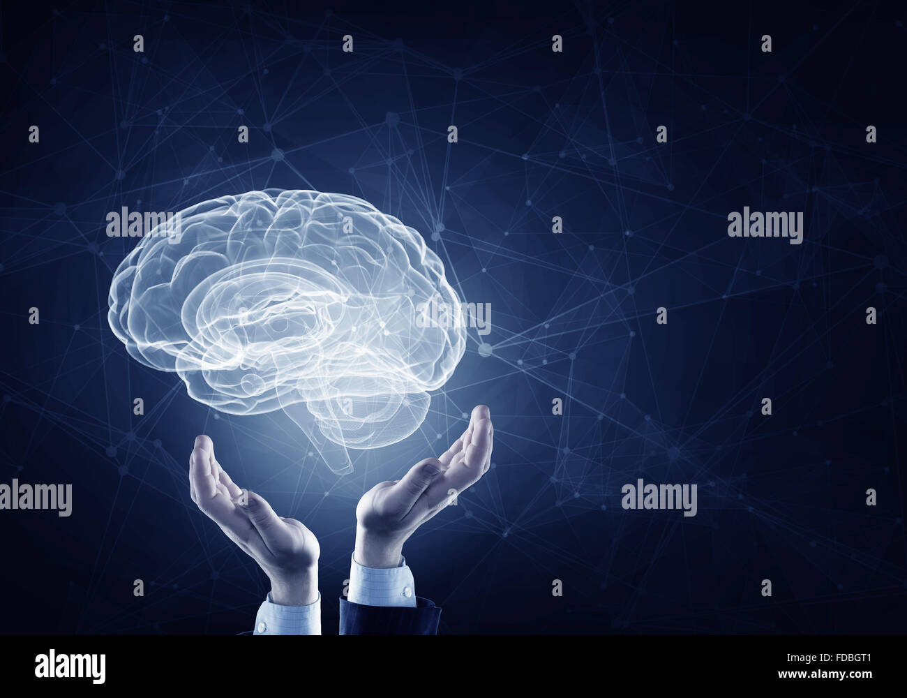 Hands on dark background holding with care brain glowing symbol Stock ...