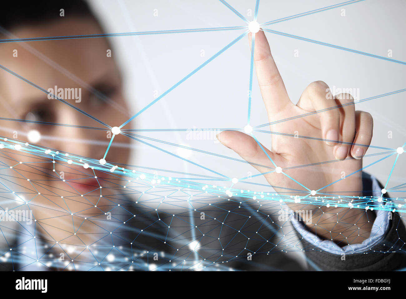 Businesswoman hand touching with finger digital connection lines on ...