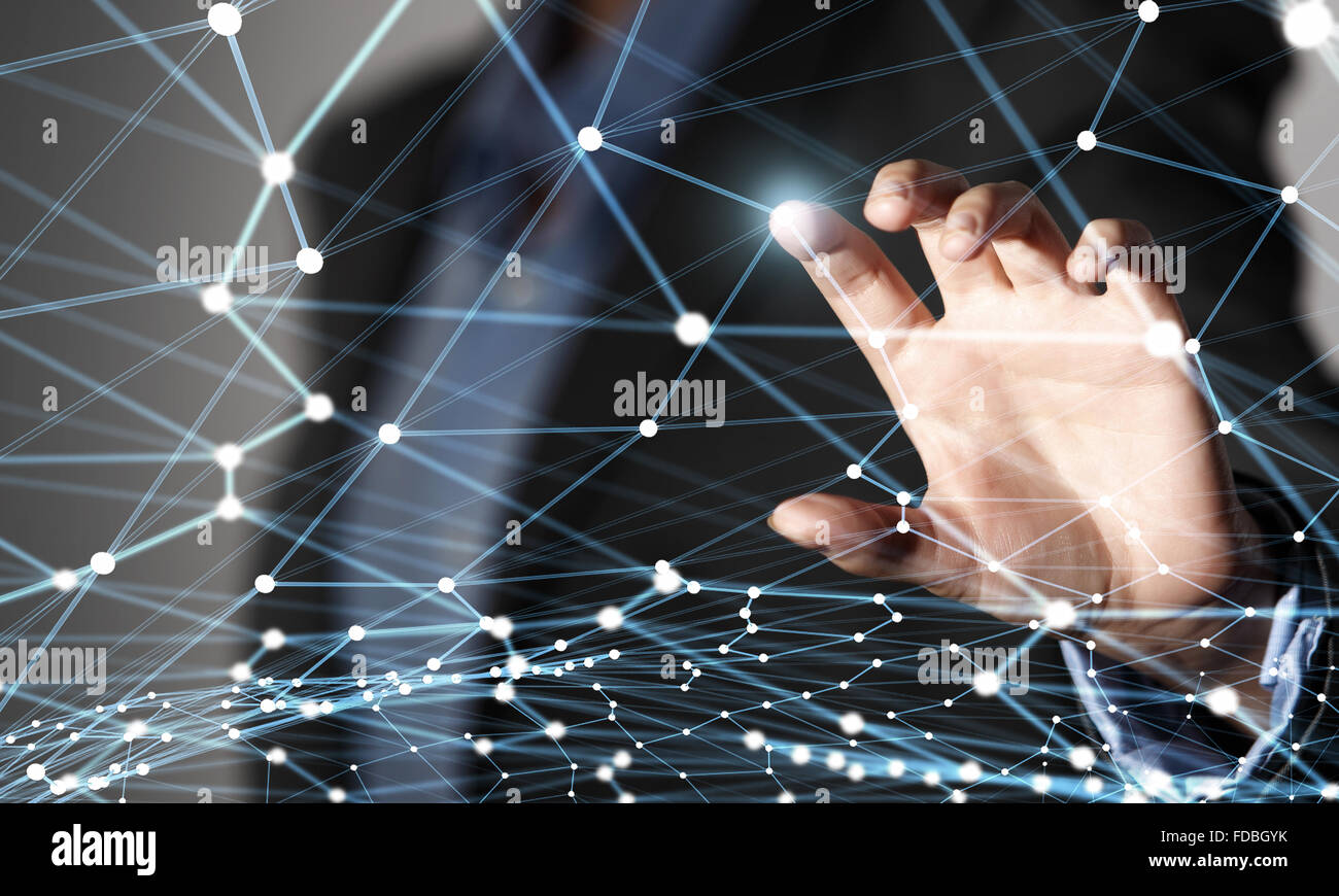 Businesswoman hand touching with finger digital connection lines on ...