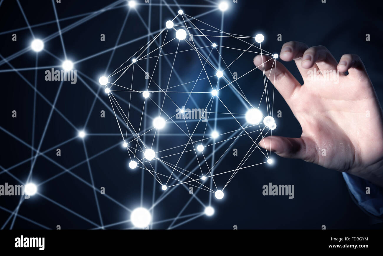 Businessman hand touching with finger digital connection lines on ...