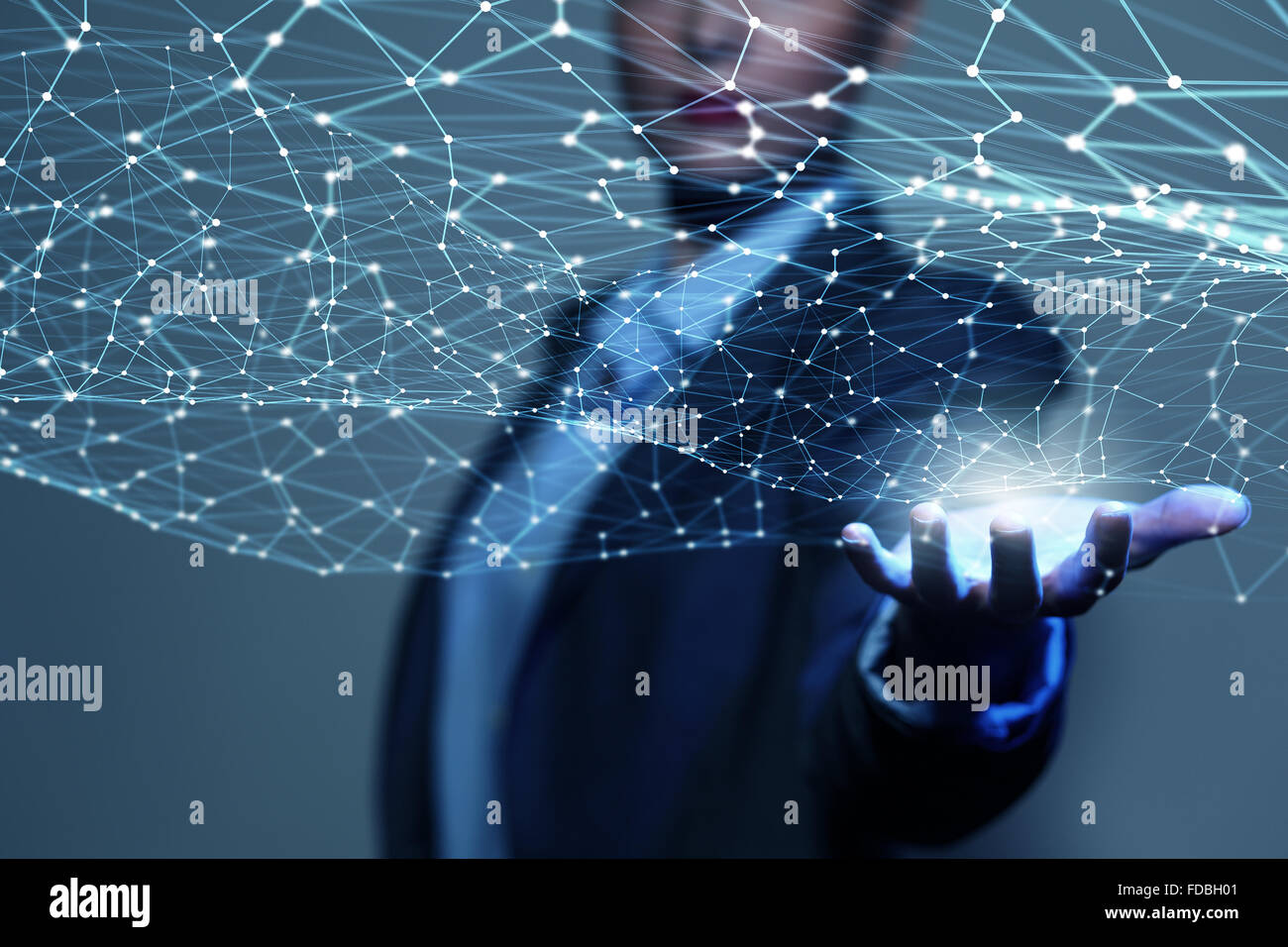 Businesswoman hand demonstrating digital connection lines in palm Stock ...