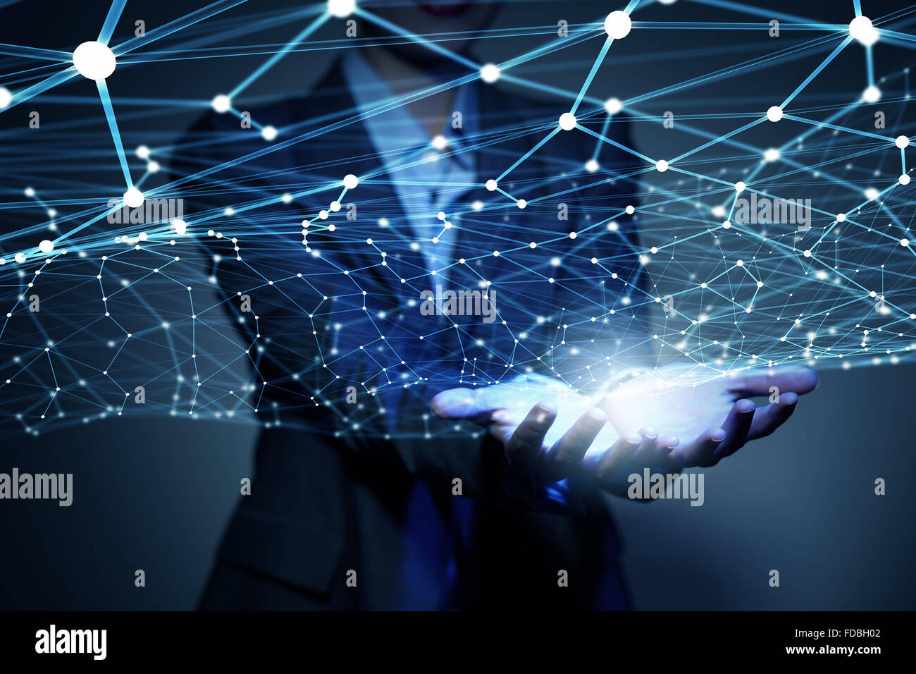 Businesswoman hand demonstrating digital connection lines in palm Stock ...