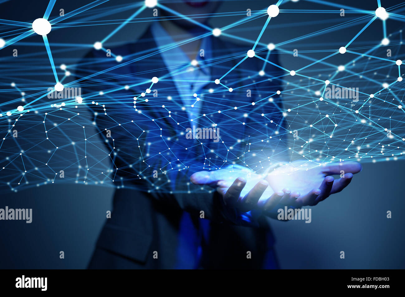 Businesswoman hand demonstrating digital connection lines in palm Stock ...