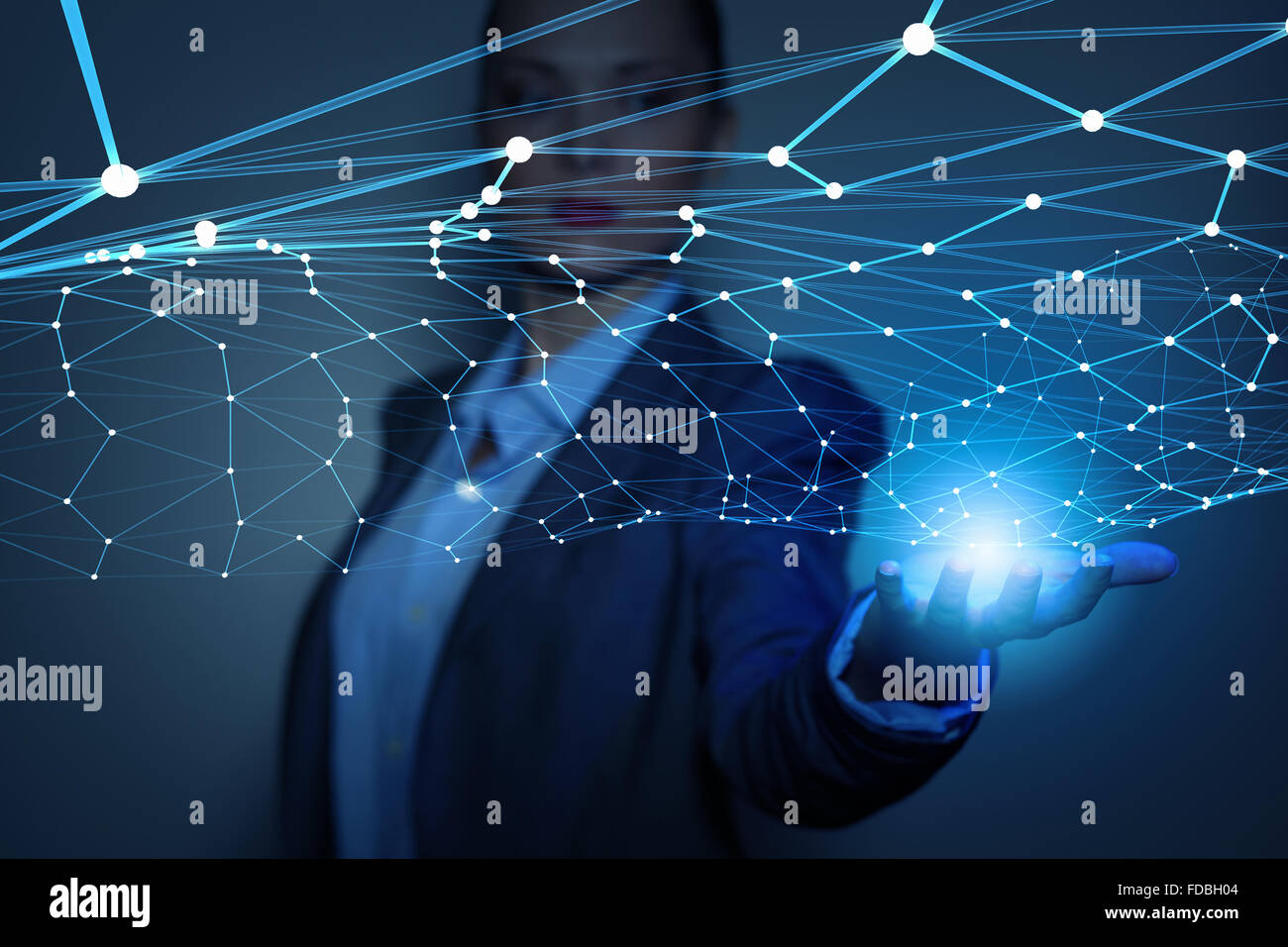 Businesswoman hand demonstrating digital connection lines in palm Stock ...