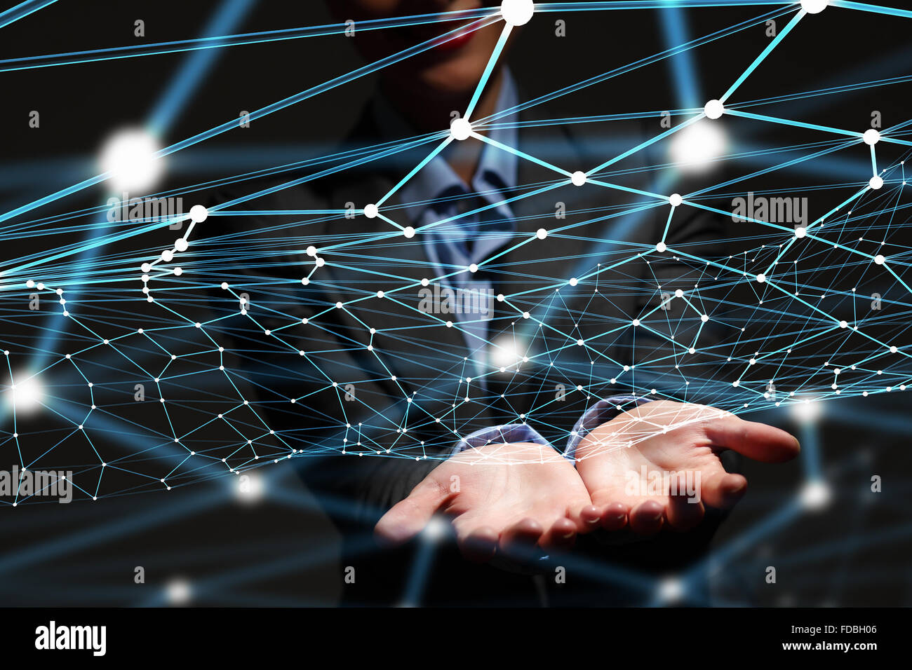 Businesswoman hand demonstrating digital connection lines in palm Stock ...