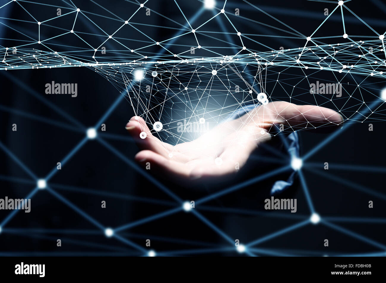 Businesswoman hand demonstrating digital connection lines in palm Stock ...