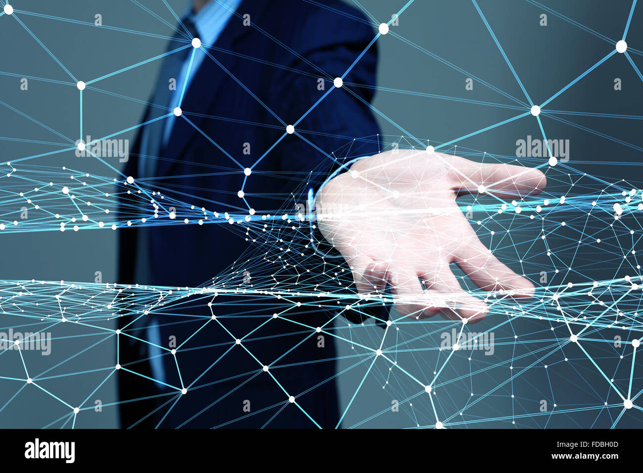 Businessman hand showing digital connection lines on virtual screen ...