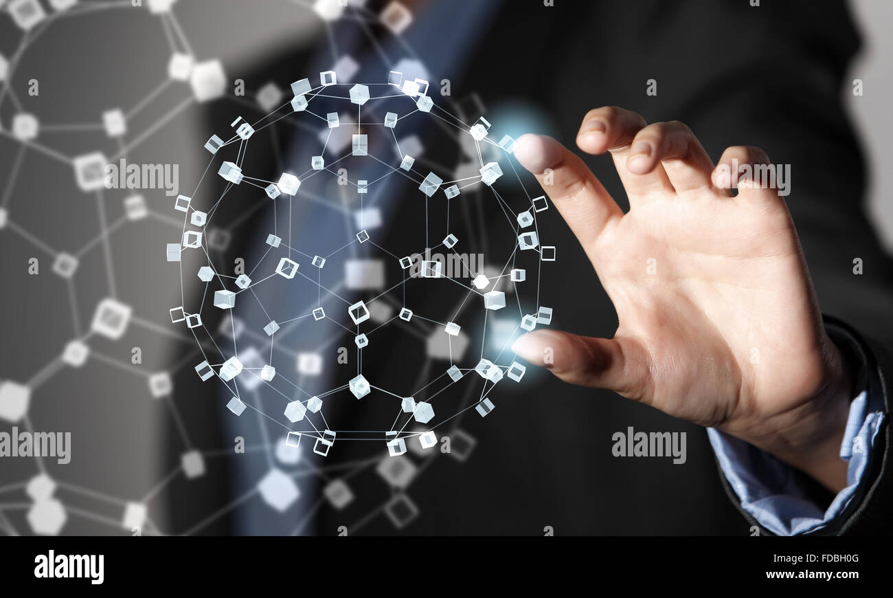 Businesswoman hand touching with finger digital connection lines on ...