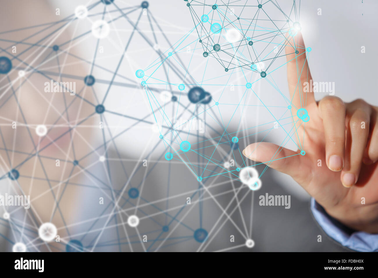 Businesswoman hand touching with finger digital connection lines on ...