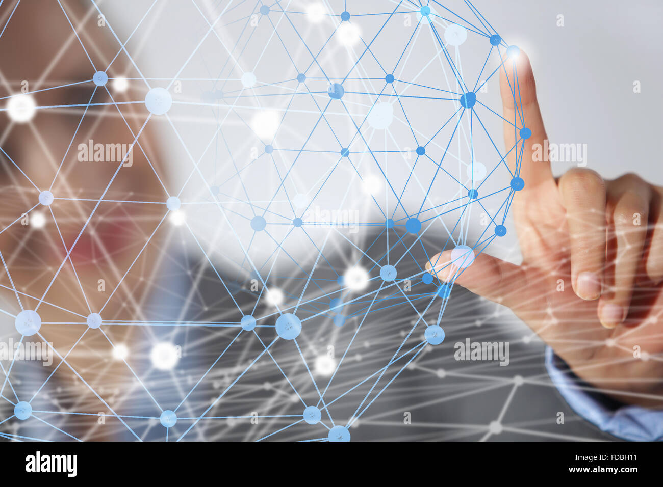 Businesswoman hand touching with finger digital connection lines on ...