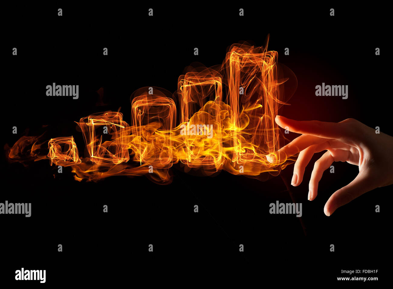 Hand touch fire glowing graph sign on dark background Stock Photo - Alamy