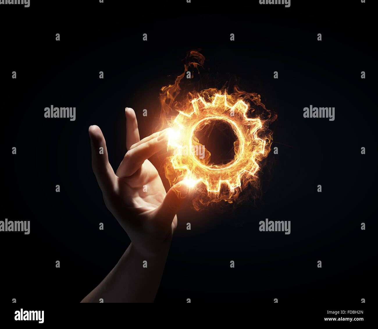 Finger touch glowing light setting symbol on dark background Stock ...
