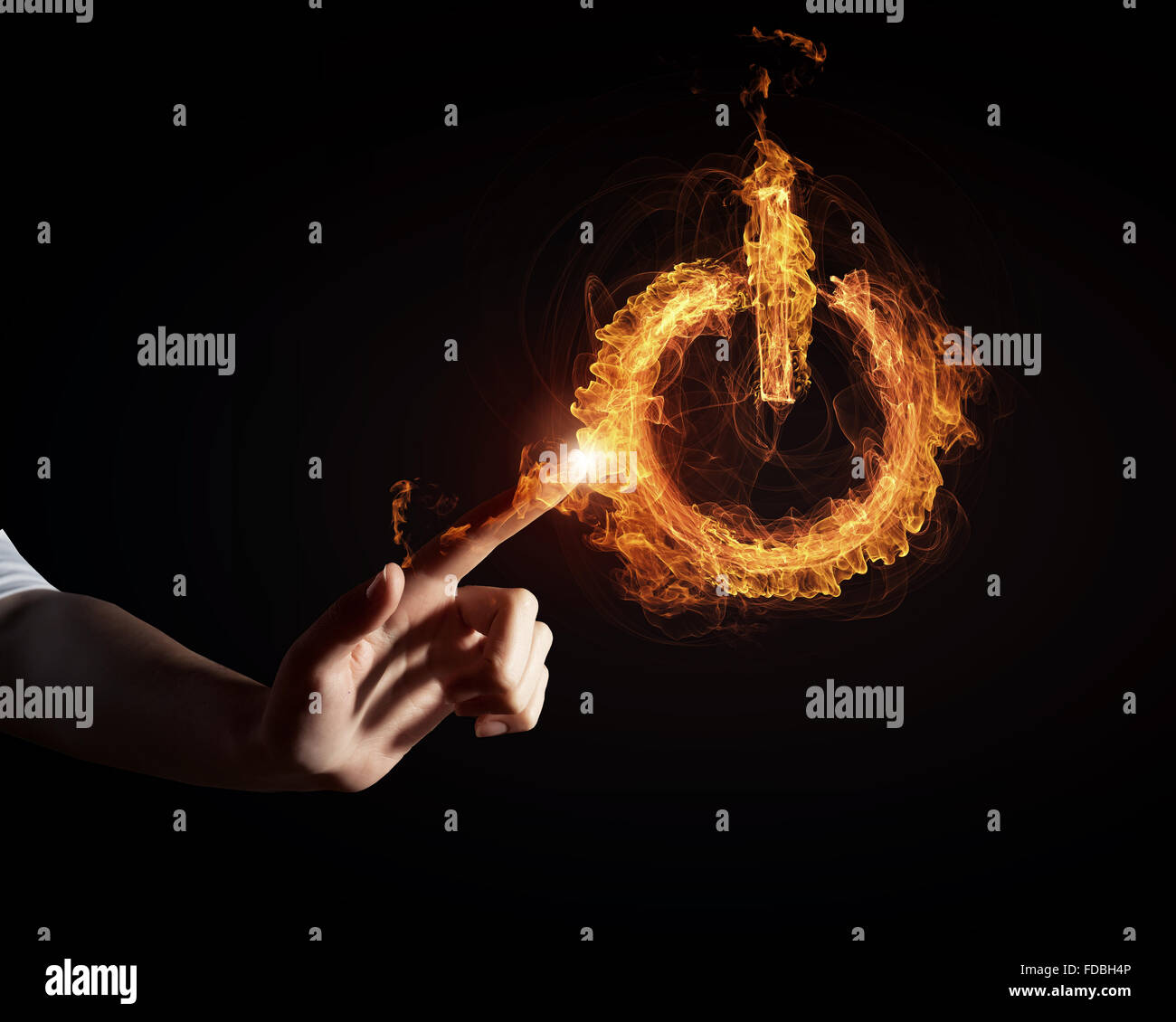 Glowing fire power icon of interface on dark background Stock Photo - Alamy