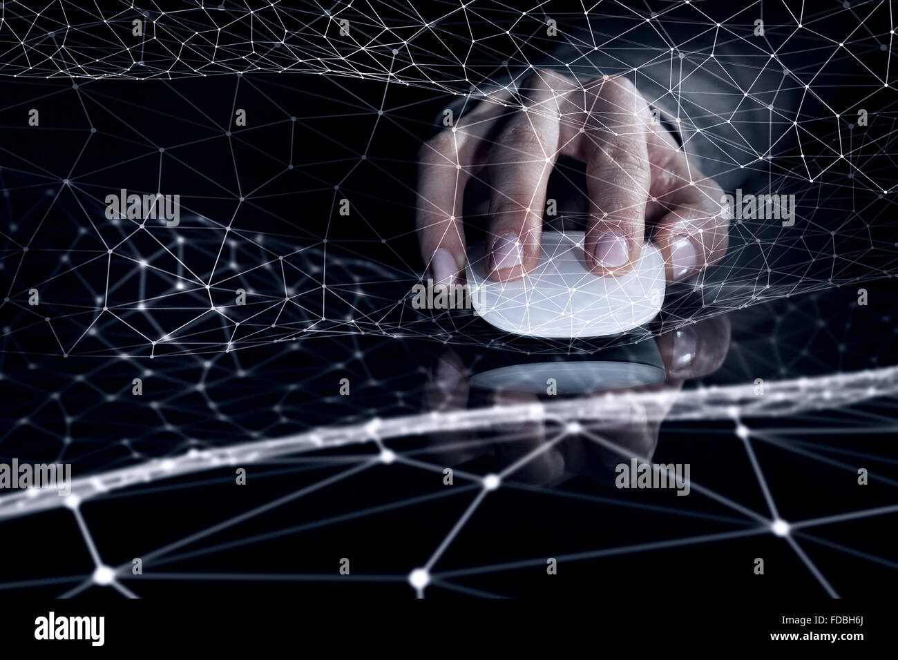 Hand of businessman in suit on dark digital background using wireless ...
