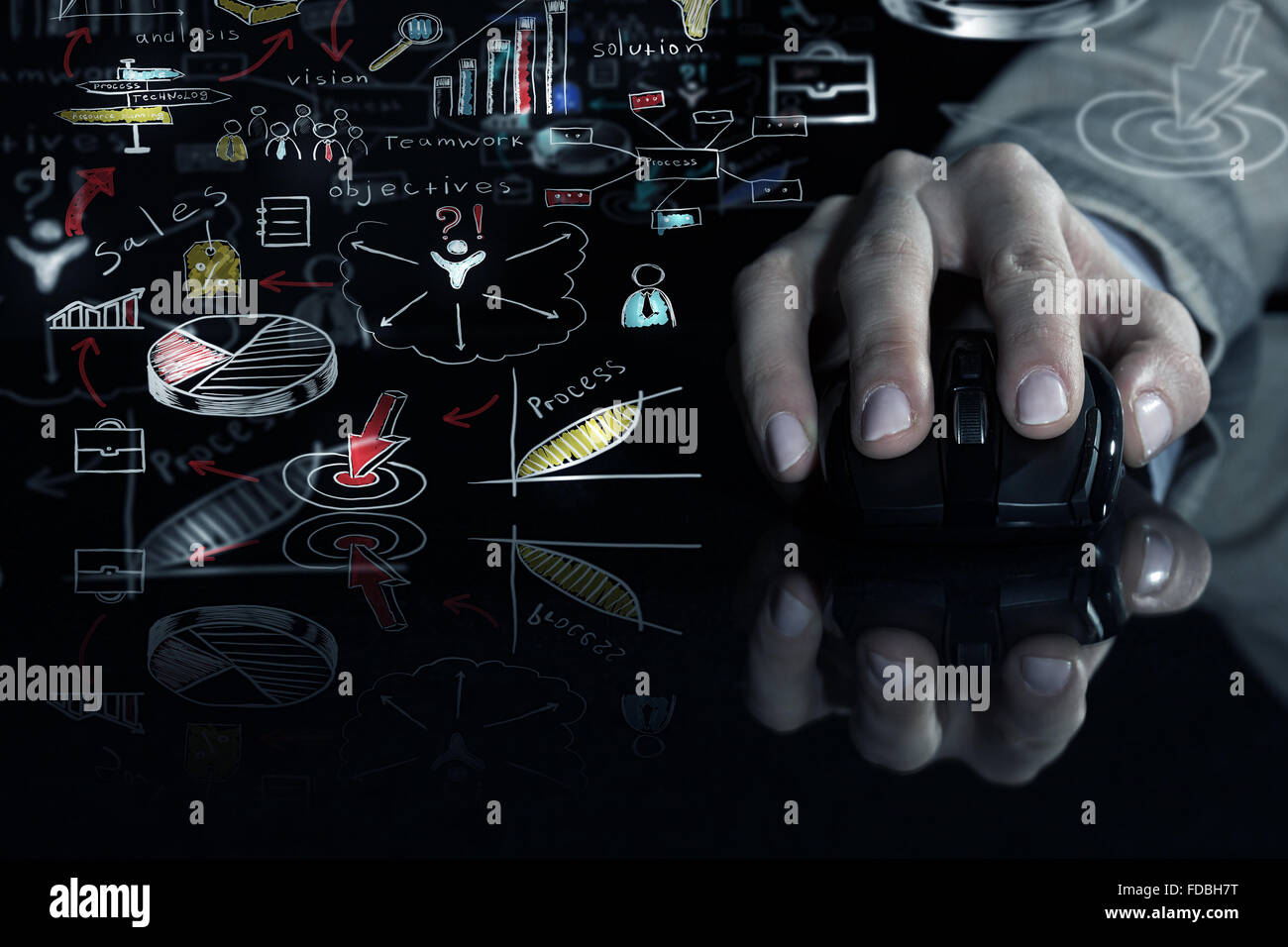Hand of businessman in suit on dark digital background using wireless ...