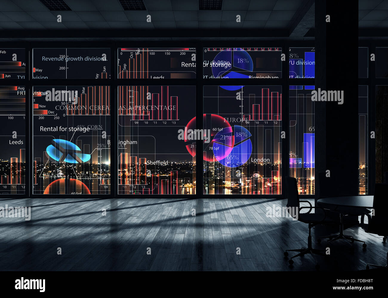 Modern office window view with virtual market infographs Stock Photo ...