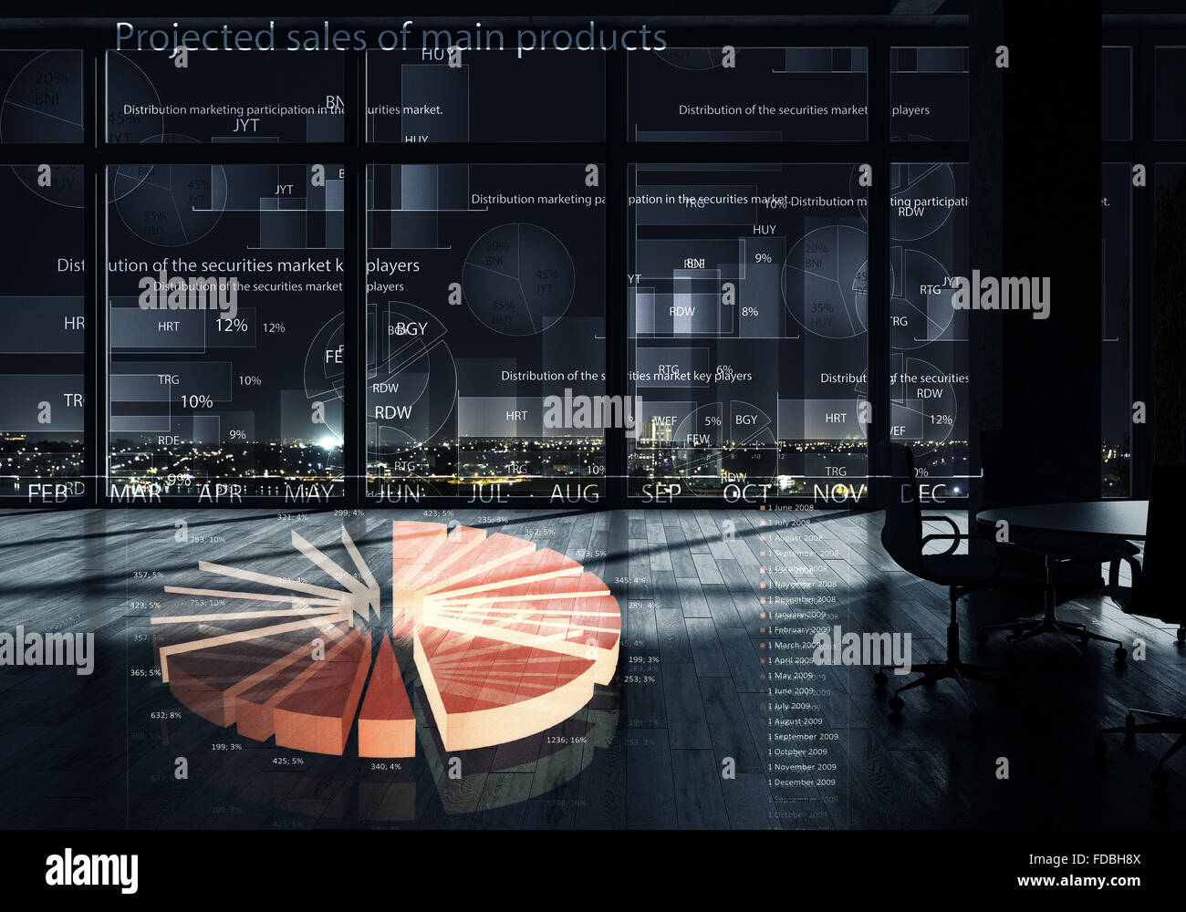 Modern office window view with virtual market infographs Stock Photo ...