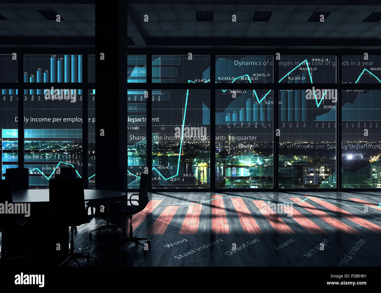 Modern office window view with virtual market infographs Stock Photo ...