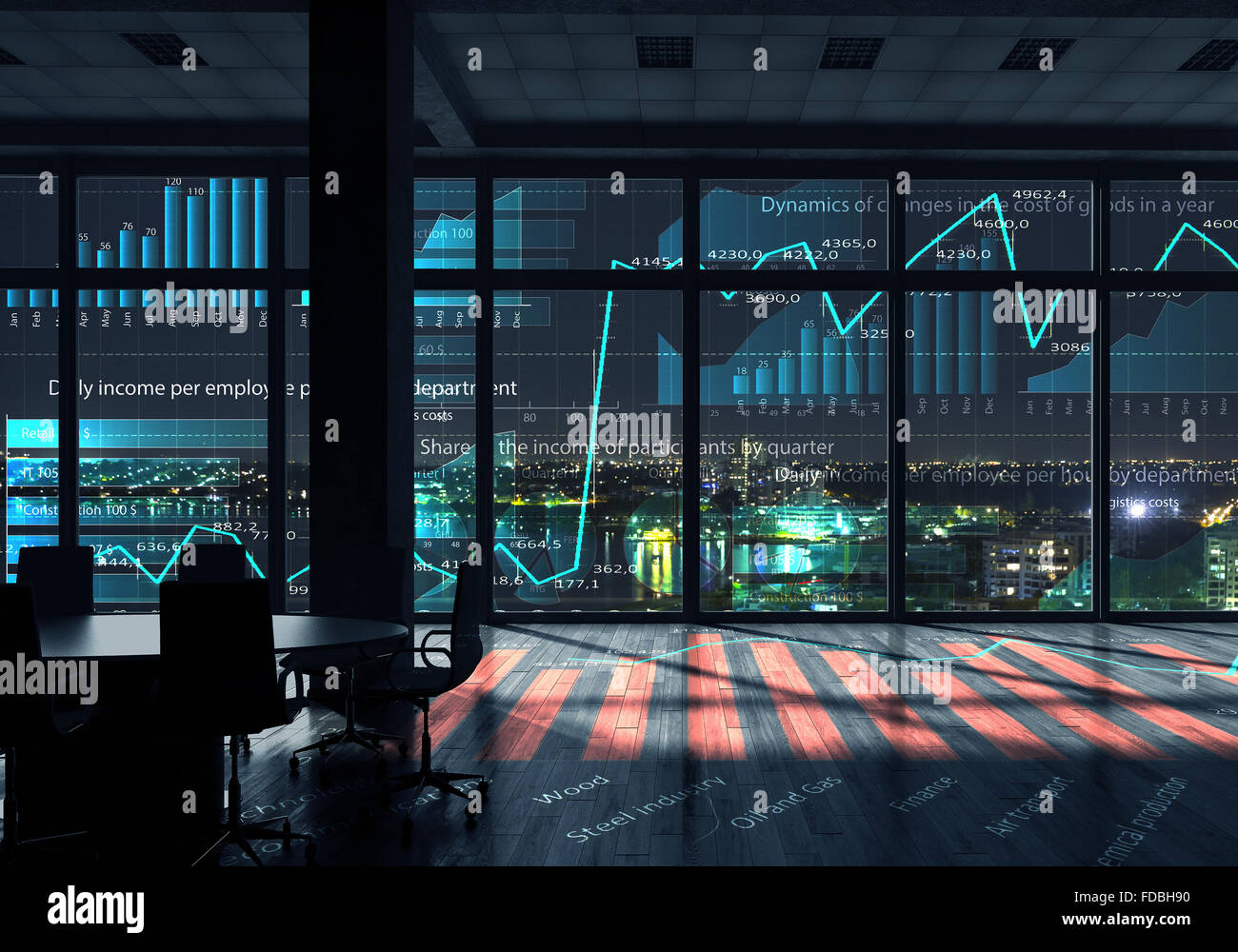 Modern office window view with virtual market infographs Stock Photo ...