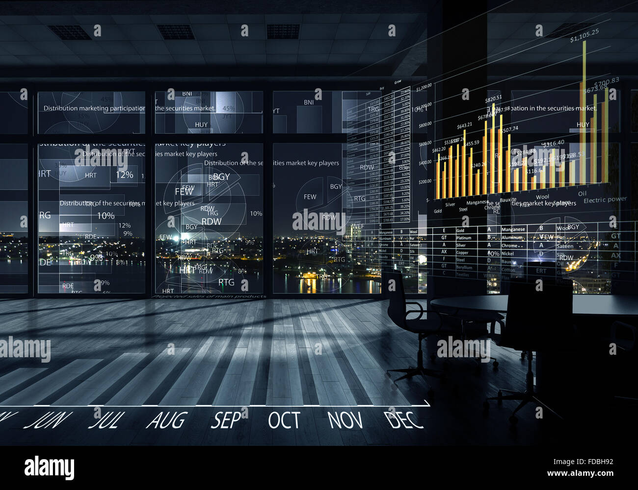Modern office window view with virtual market infographs Stock Photo ...