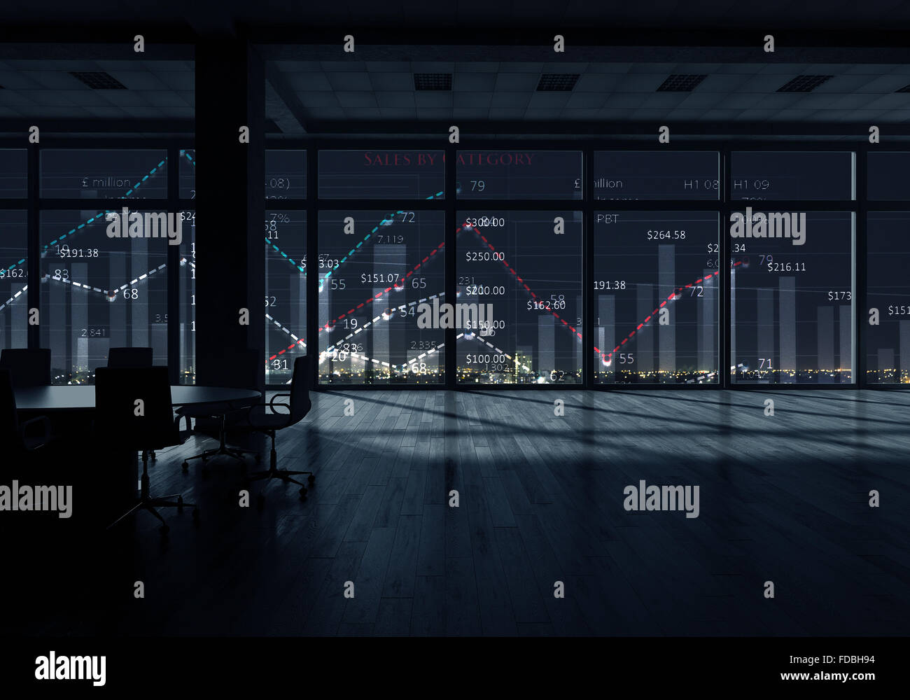 Modern office window view with virtual market infographs Stock Photo ...