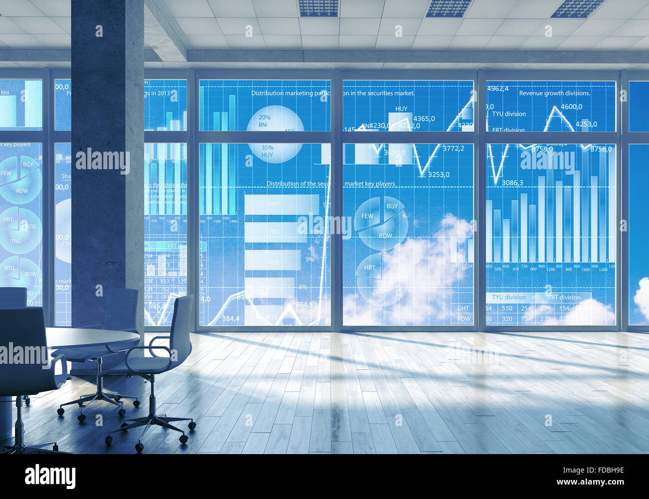 Modern office window view with virtual market infographs Stock Photo ...