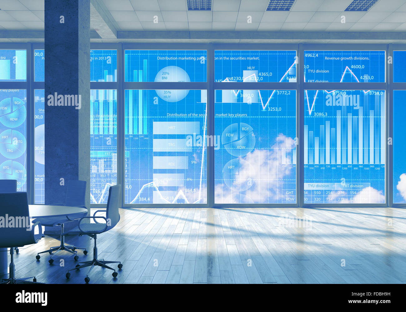 Modern office window view with virtual market infographs Stock Photo ...