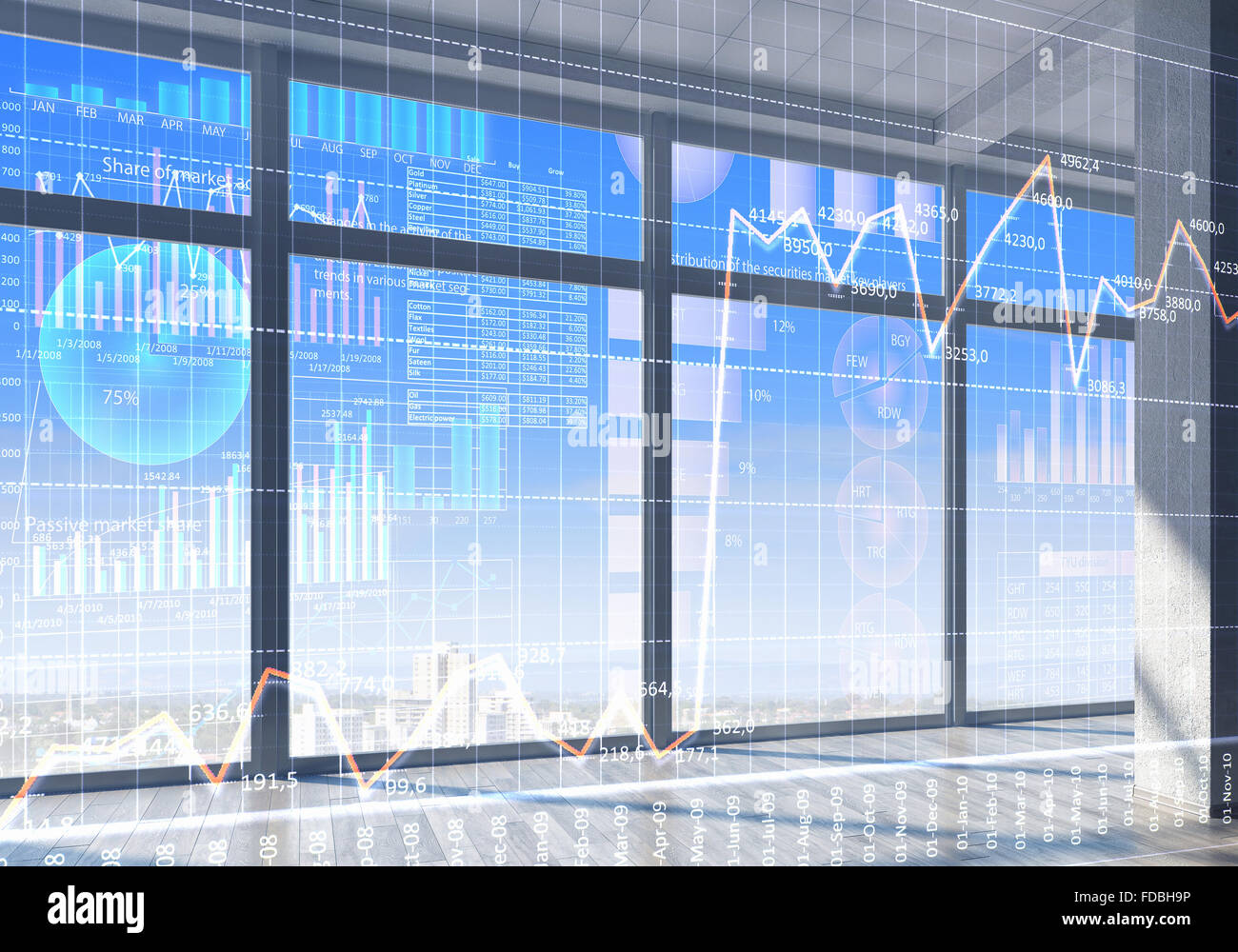 Modern office window view with virtual market infographs Stock Photo ...
