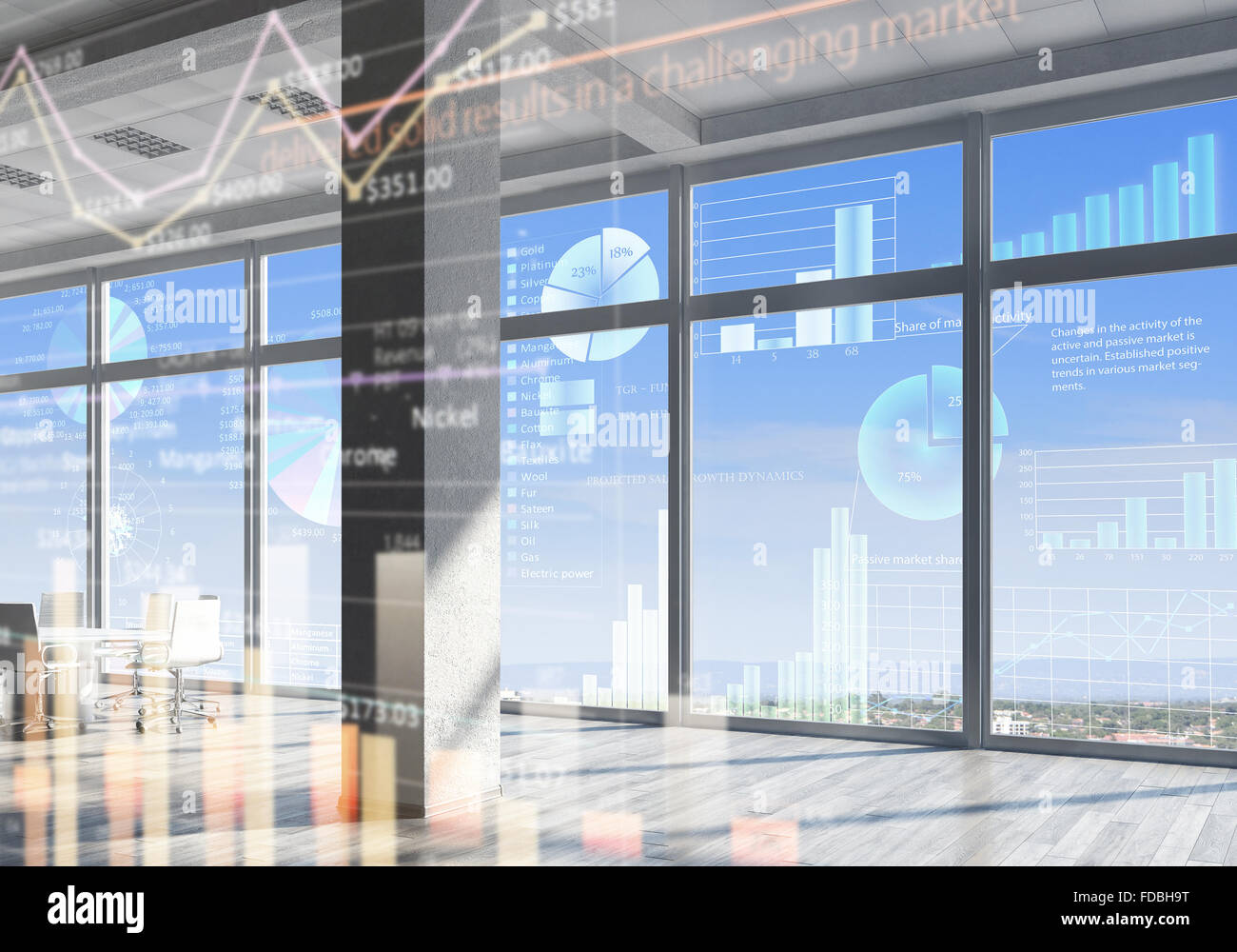 Modern office window view with virtual market infographs Stock Photo ...