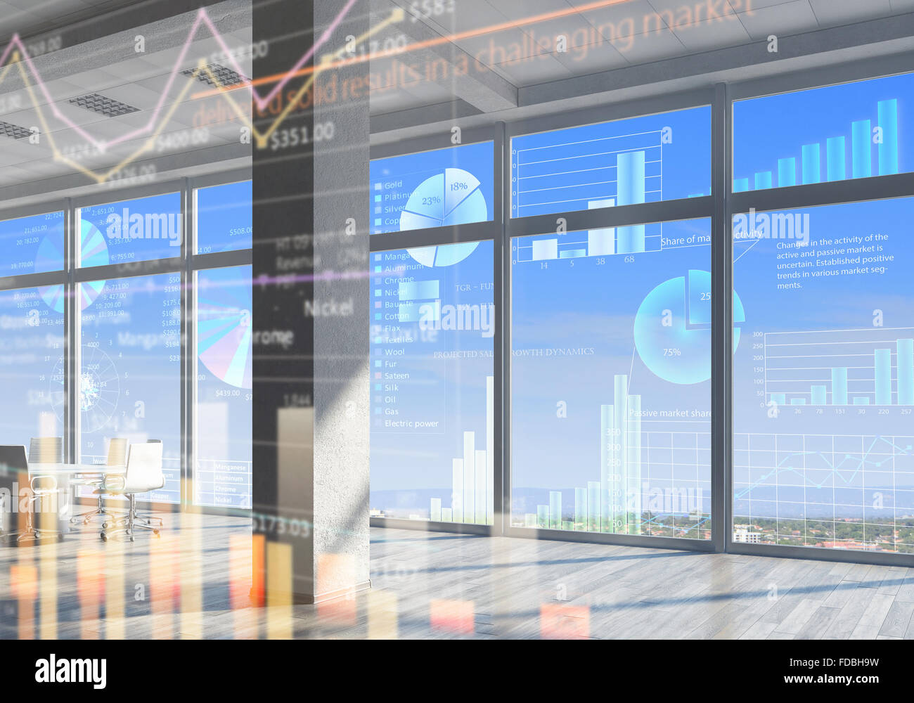 Modern office window view with virtual market infographs Stock Photo ...