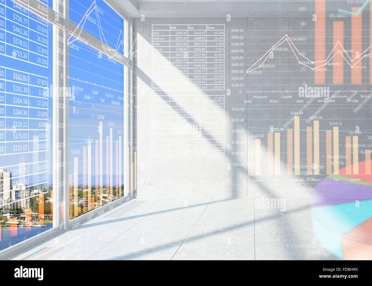 Modern office window view with virtual market infographs Stock Photo ...