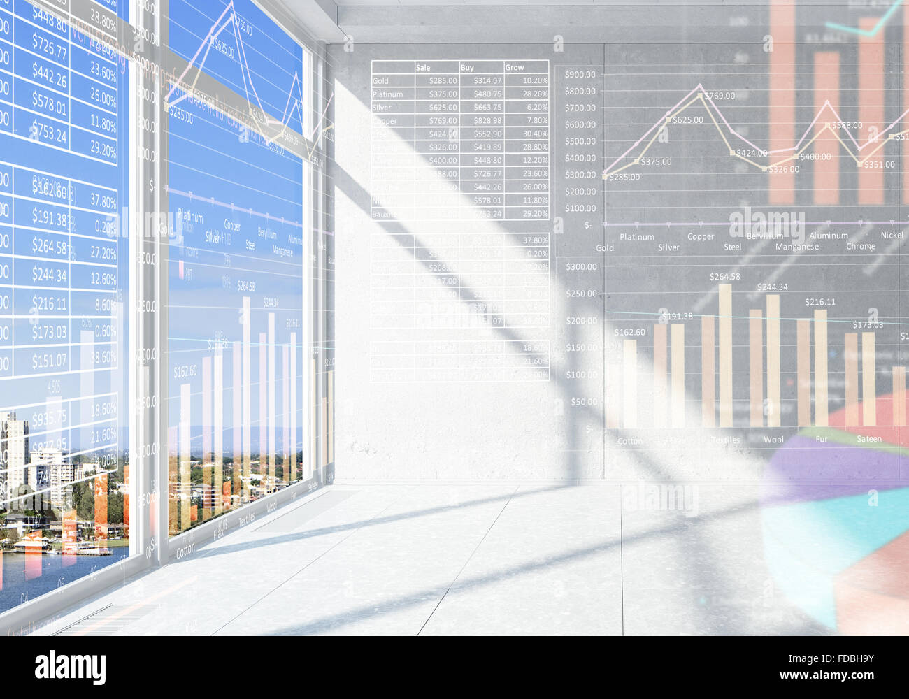 Modern office window view with virtual market infographs Stock Photo ...