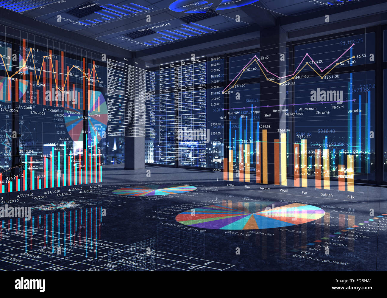 Modern office window view with virtual market infographs Stock Photo ...