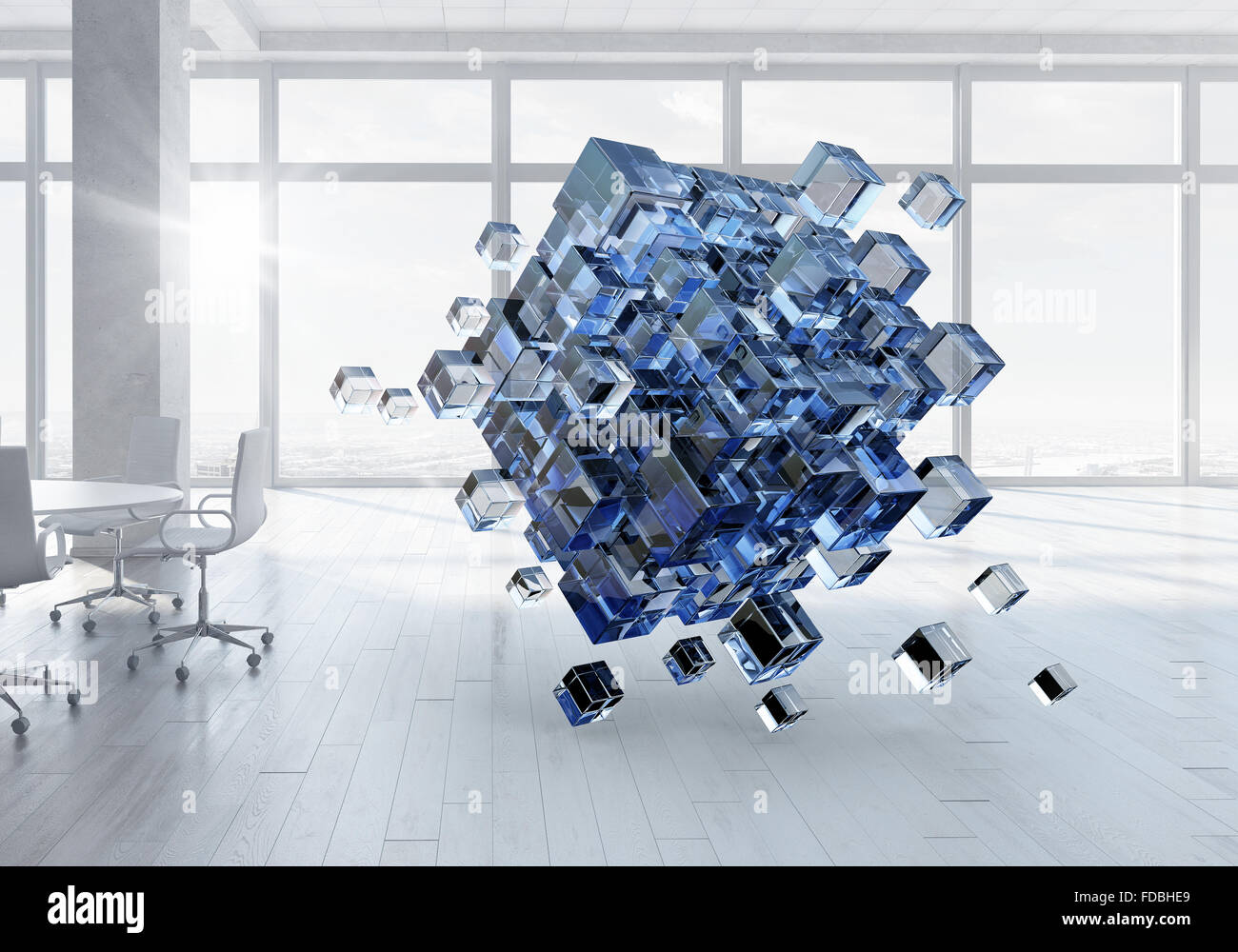 Office window in day lights and digital cube Stock Photo - Alamy