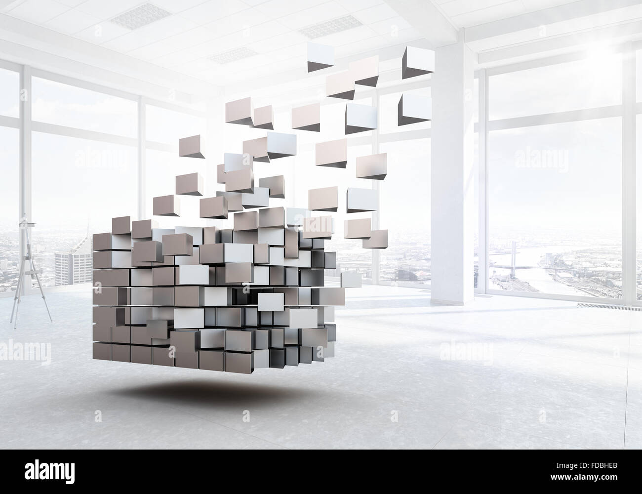 Office window in day lights and digital cube Stock Photo - Alamy