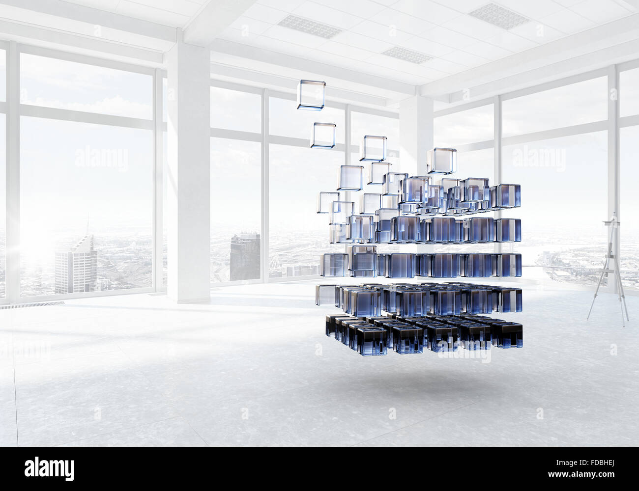 Office window in day lights and digital cube Stock Photo - Alamy