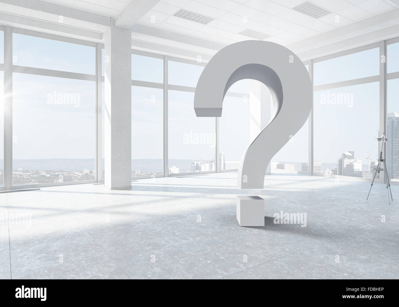 Bright modern interior with big question mark sign Stock Photo - Alamy