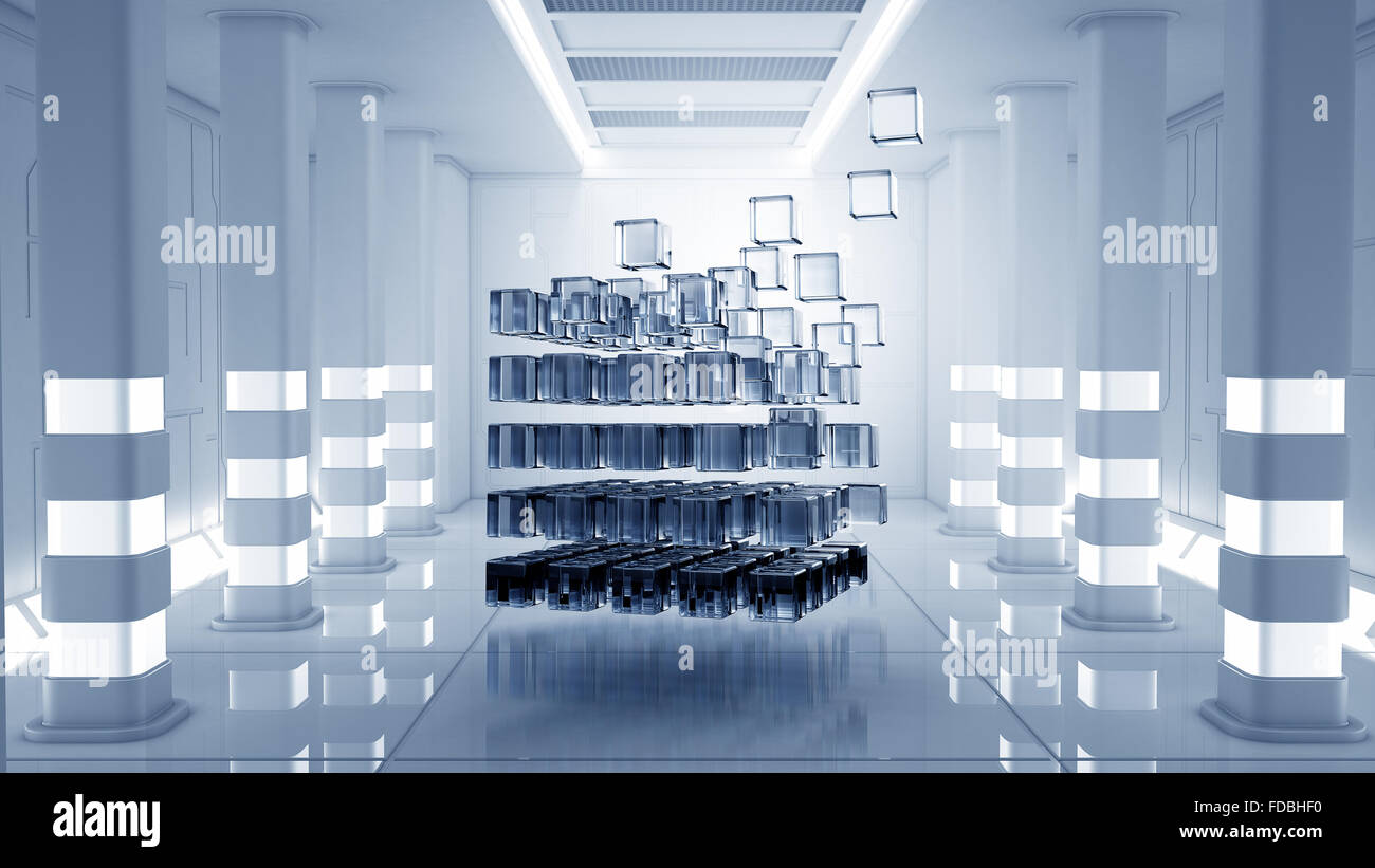 Abstract cube in futuristic room as innovative virtual interior design ...