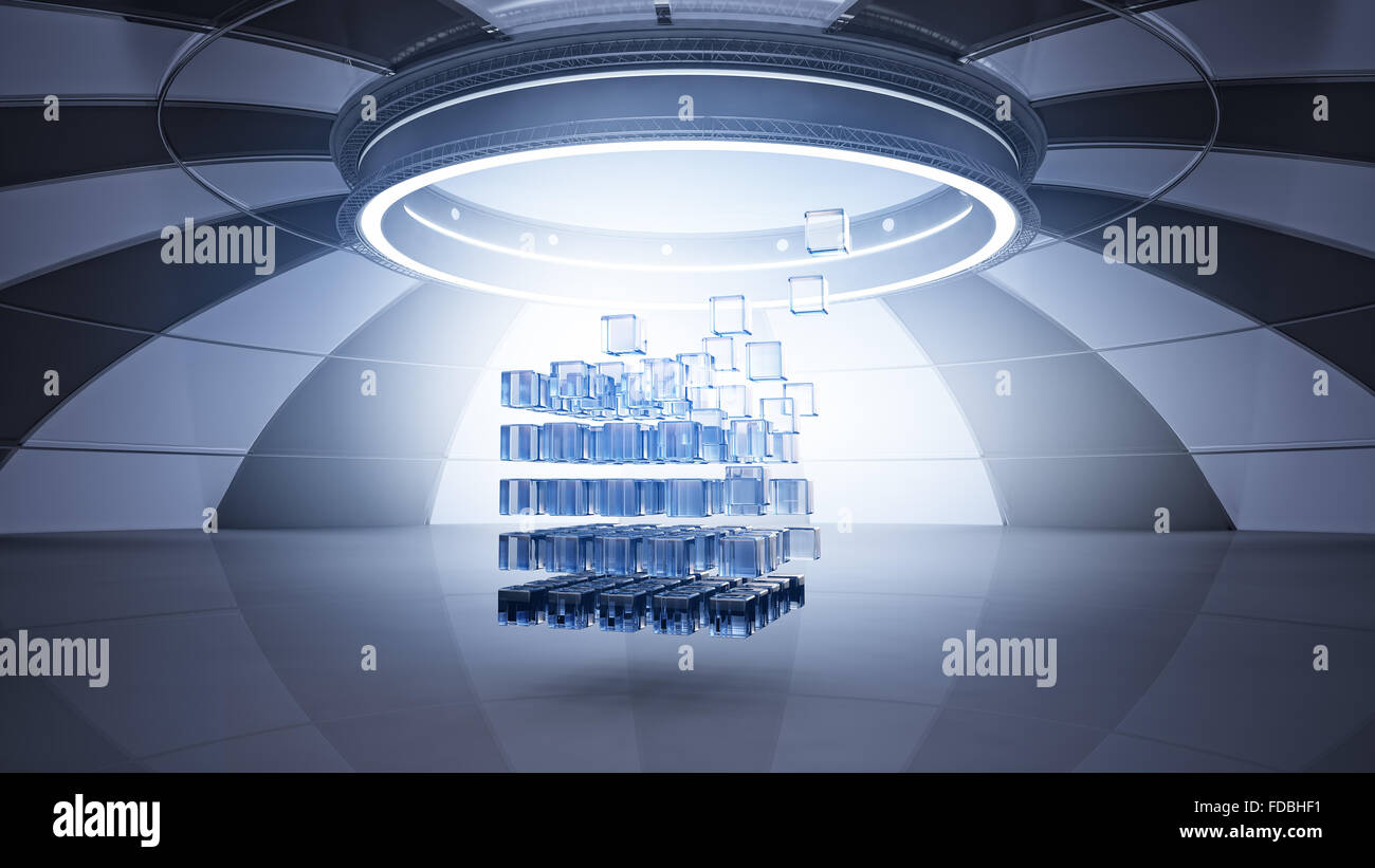 Abstract cube in futuristic room as innovative virtual interior design ...