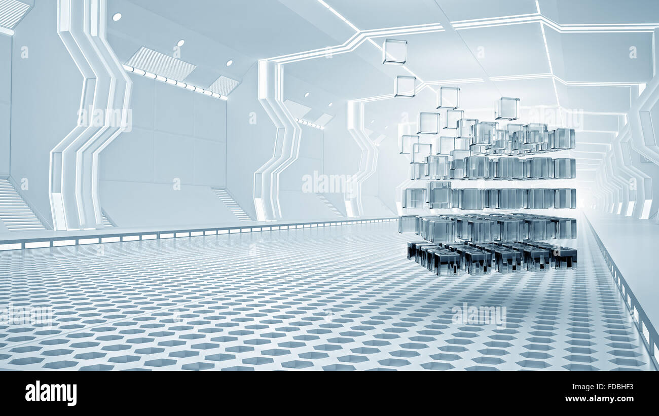 Abstract Cube In Futuristic Room As Innovative Virtual Interior Design