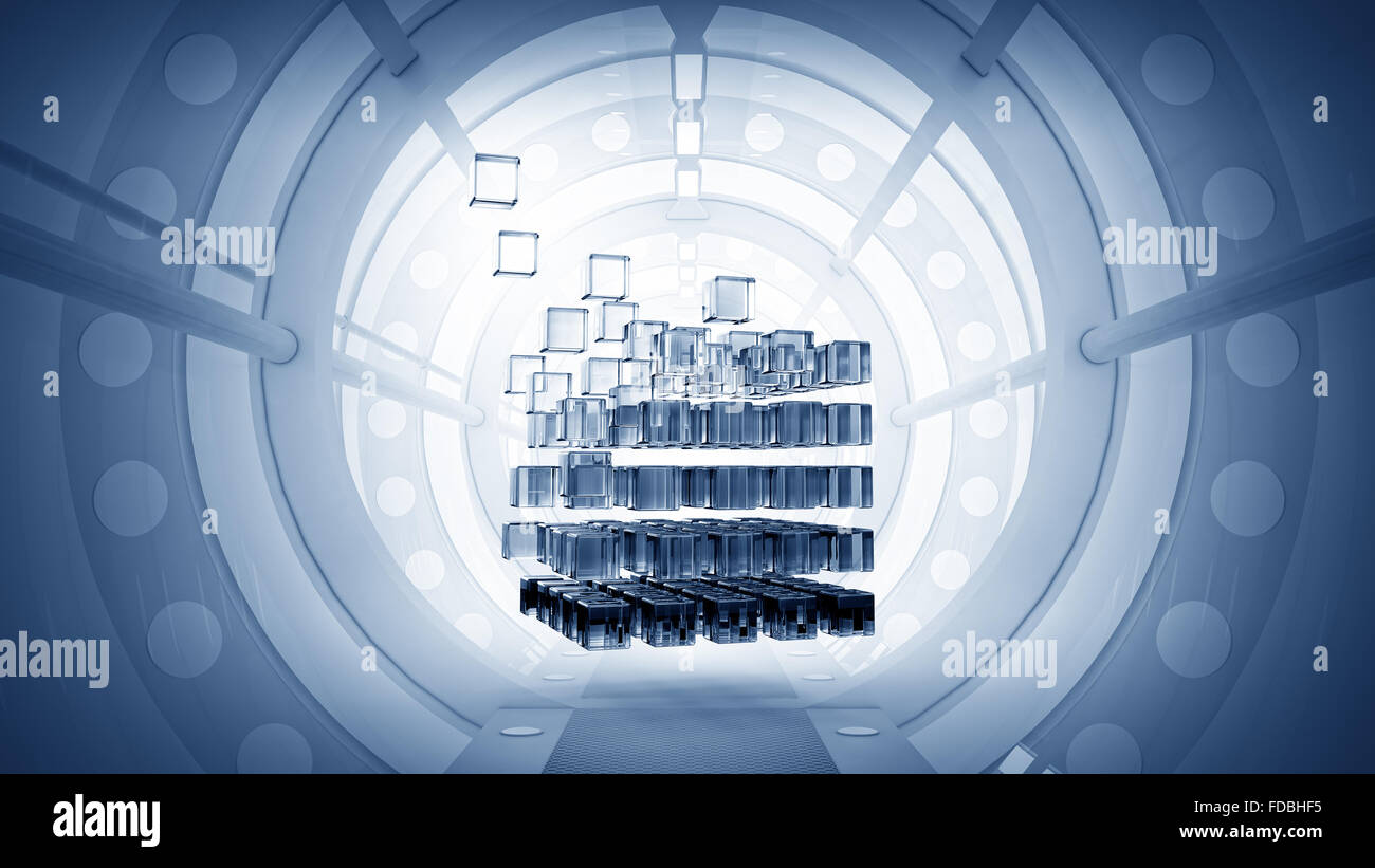 Abstract cube in futuristic room as innovative virtual interior design ...