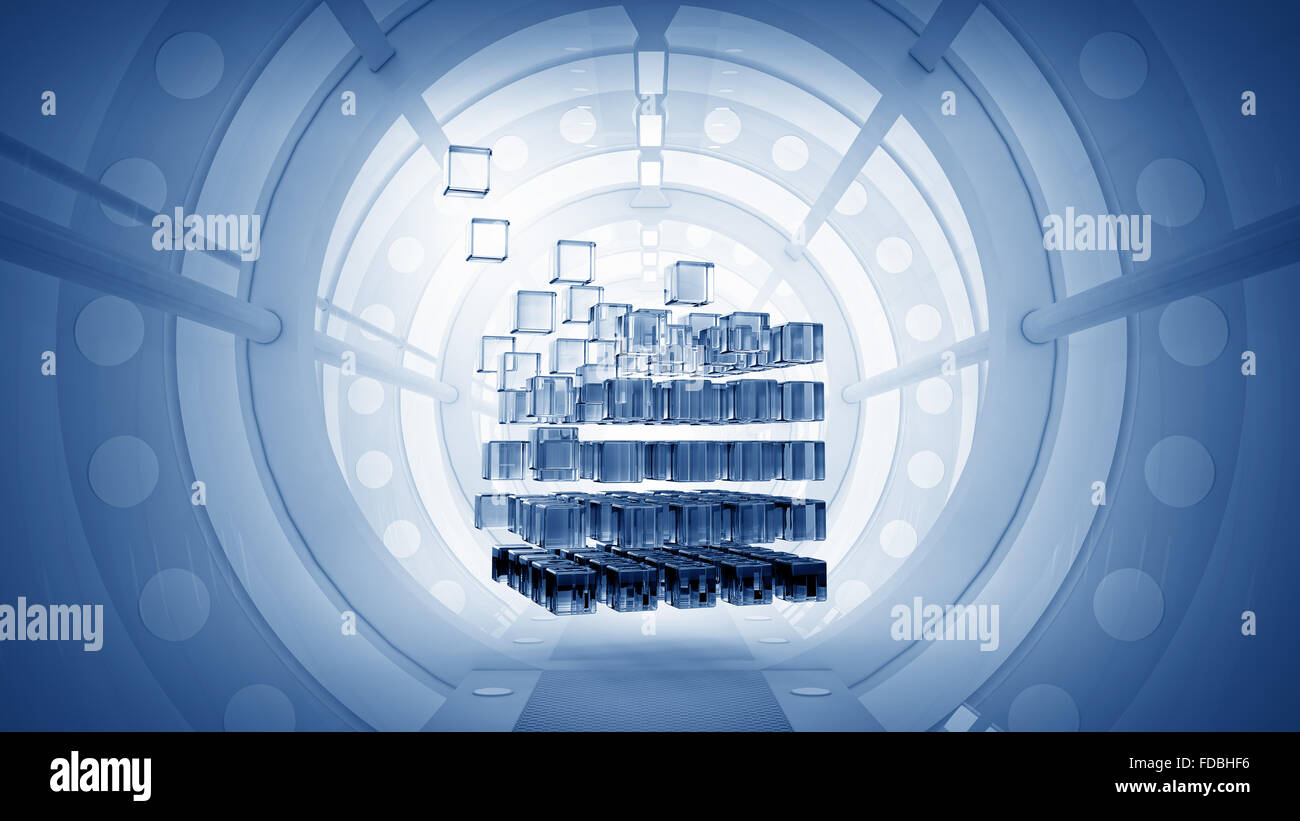 Abstract cube in futuristic room as innovative virtual interior design ...