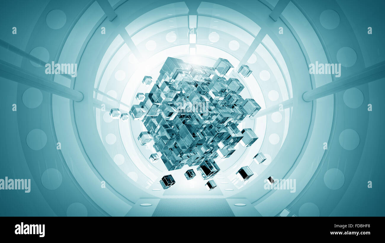 Abstract cube in futuristic room as innovative virtual interior design ...