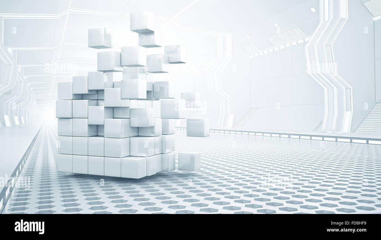 Abstract cube in futuristic room as innovative virtual interior design ...